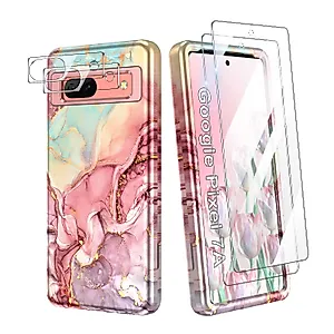 Btscase for Google Pixel 7A Case, [5 in 1] with 2 Pack Screen Protector + 2 Pack Camera Lens Protector, Marble Pattern Full Body Three Layer Rugged Shockproof Protective Cover (2023), Rose Gold