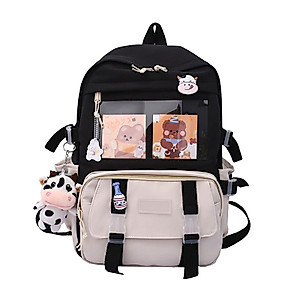 Eagerrich Cute Backpack with Cute Pin Accessories Plush Pendant Lovely Pastel Rucksack for School Bag Student Teen Girls Aesthetic Student Bookbags Super-Capacity Waterproof Travel Backpack(Black-4)