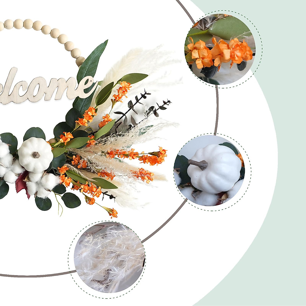 TEMPUS 16" Spring Wooden Bead Wreath Forsythia Pumpkin Wreath with Welcome Sign for Front Door Decorations Farmhouse Decorations