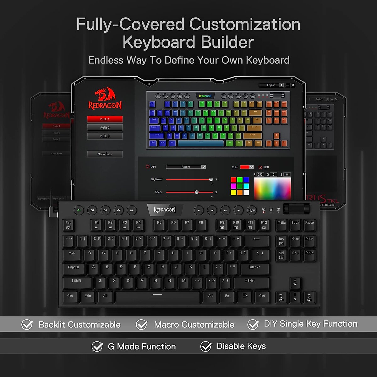 Redragon K622 Horus TKL RGB Mechanical Keyboard, Ultra-Thin Designed Wired Gaming Keyboard w/Low Profile Keycaps, Dedicated Media Control & Linear Red Switch, Pro Software Supported