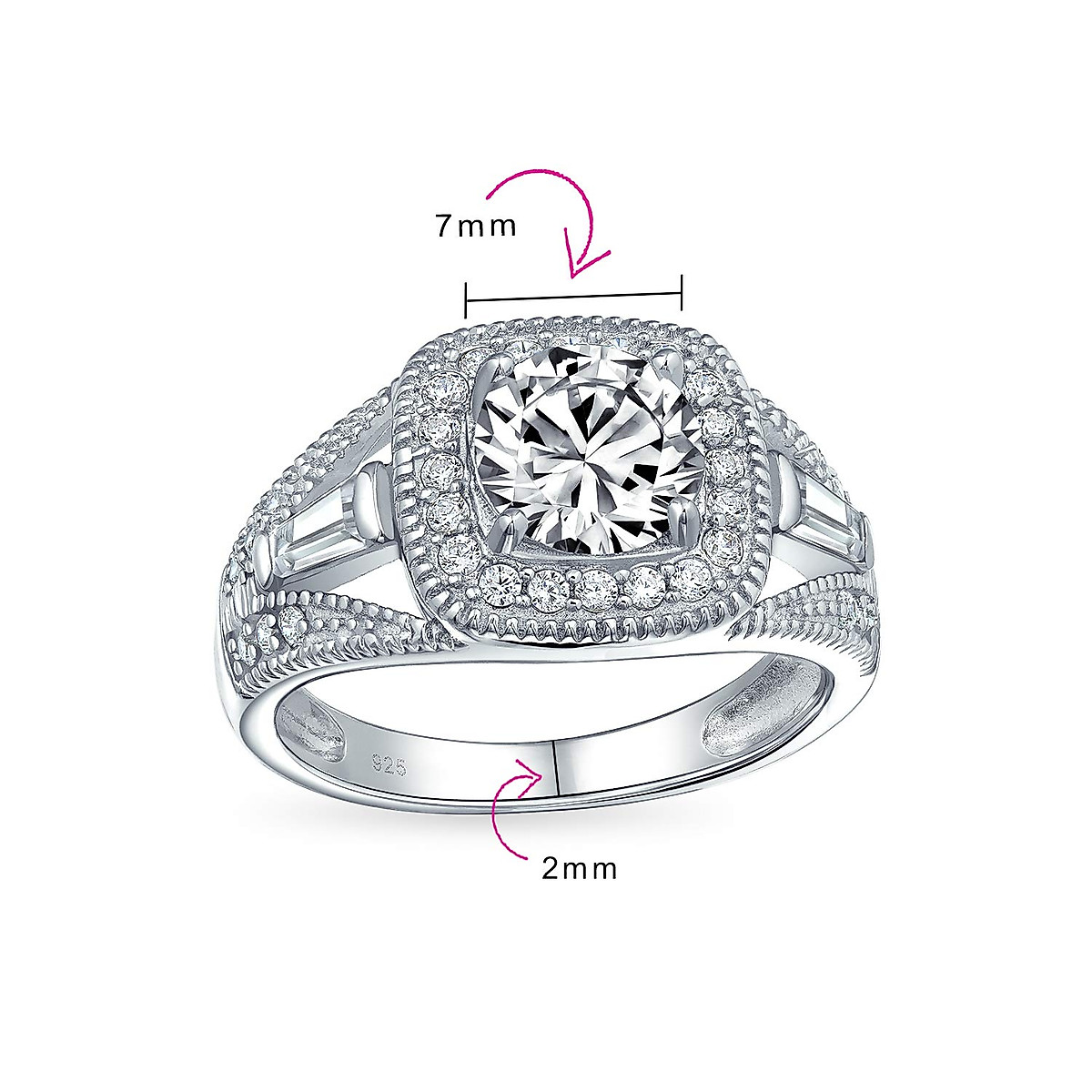 Personalize Vintage Antique Art Deco Style 2CT AAA CZ Pave Halo Square Cushion Cut Solitaire Engagement Ring For Women .925 Sterling Silver Split Baguette Side Stone Migrain Edge Band Customizable