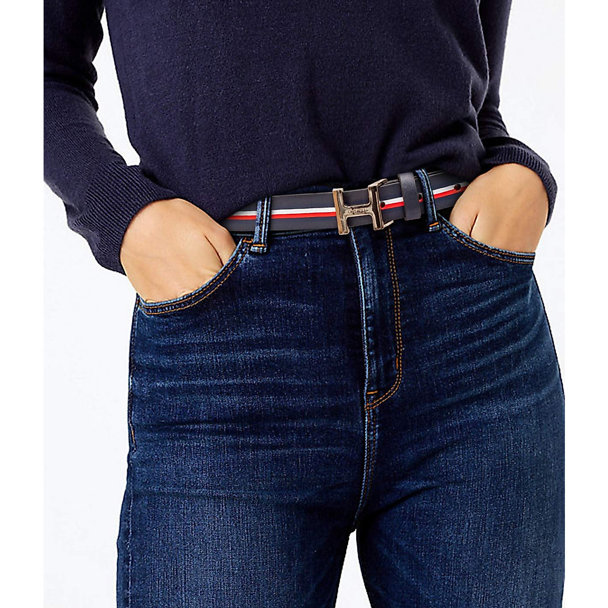 Tommy Hilfiger Women's Striped Ribbon Womens Belt Accessory, -Navy, Large