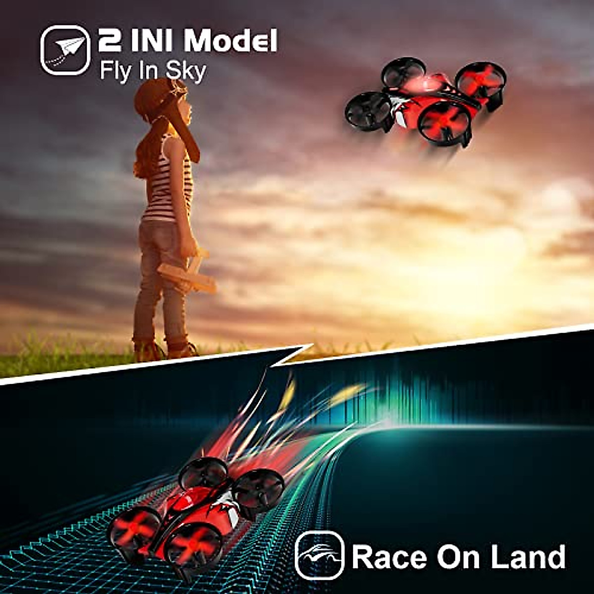 UNTEI 2 In 1 Mini Drone for Kids Remote Control Drone with Land Mode or Fly Mode, LED Lights,Auto Hovering, 3D Flip,Headless Mode and 3 Batteries,Toys Gifts for Boys Girls (Red)