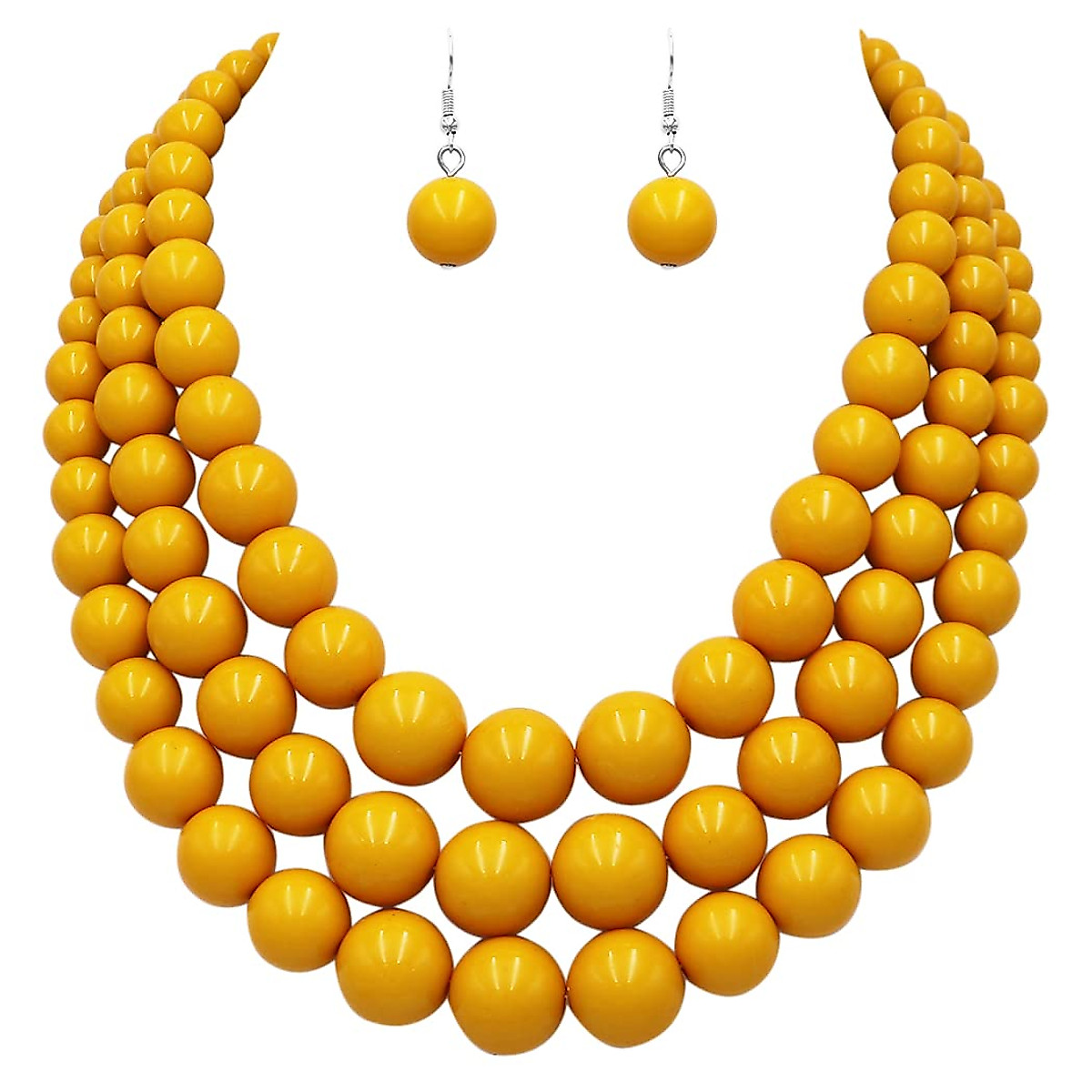Rosemarie & Jubalee Women's 3 Colorful Multi Strands Simulated Pearl Necklace And Earrings Jewelry Gift Set, 18"+3" Extender (Mustard Yellow Silver Tone)