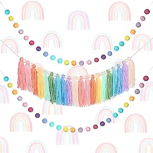 Rainbow Tassel Garland Colorful Banner, 2 Pcs Pom Pom Garland Felt Ball Garland, 6 Sheets Rainbow Wall Decals Wall Stickers for Kids Girls Bedroom Wall Classroom Decor Birthday Baby Shower (Cute)