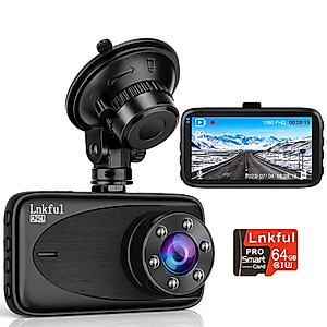 Dash Cam Front, Lnkful Dash Camera for Cars with 64GB SD Card, 1080P FHD Car Dashboard Camera Recorder with 3'' IPS Screen, Night Vision, 170° Wide Angle, Loop Recoding, G-Sensor, Parking Monitor