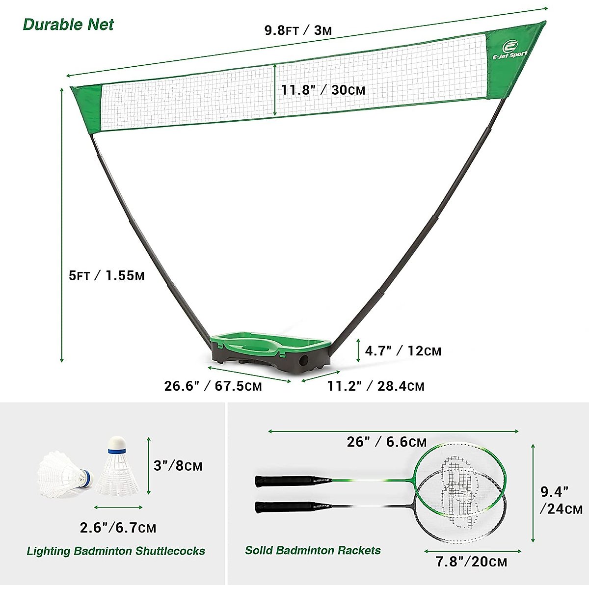 E-jetSport Portable Badminton Net Set with Storage Base, Rackets Lightning Shuttlecocks Combo Set for Family & Kids, Easy Setup for Backyard Training, Beach, Park, Picnic Games, Green,EOB375402021