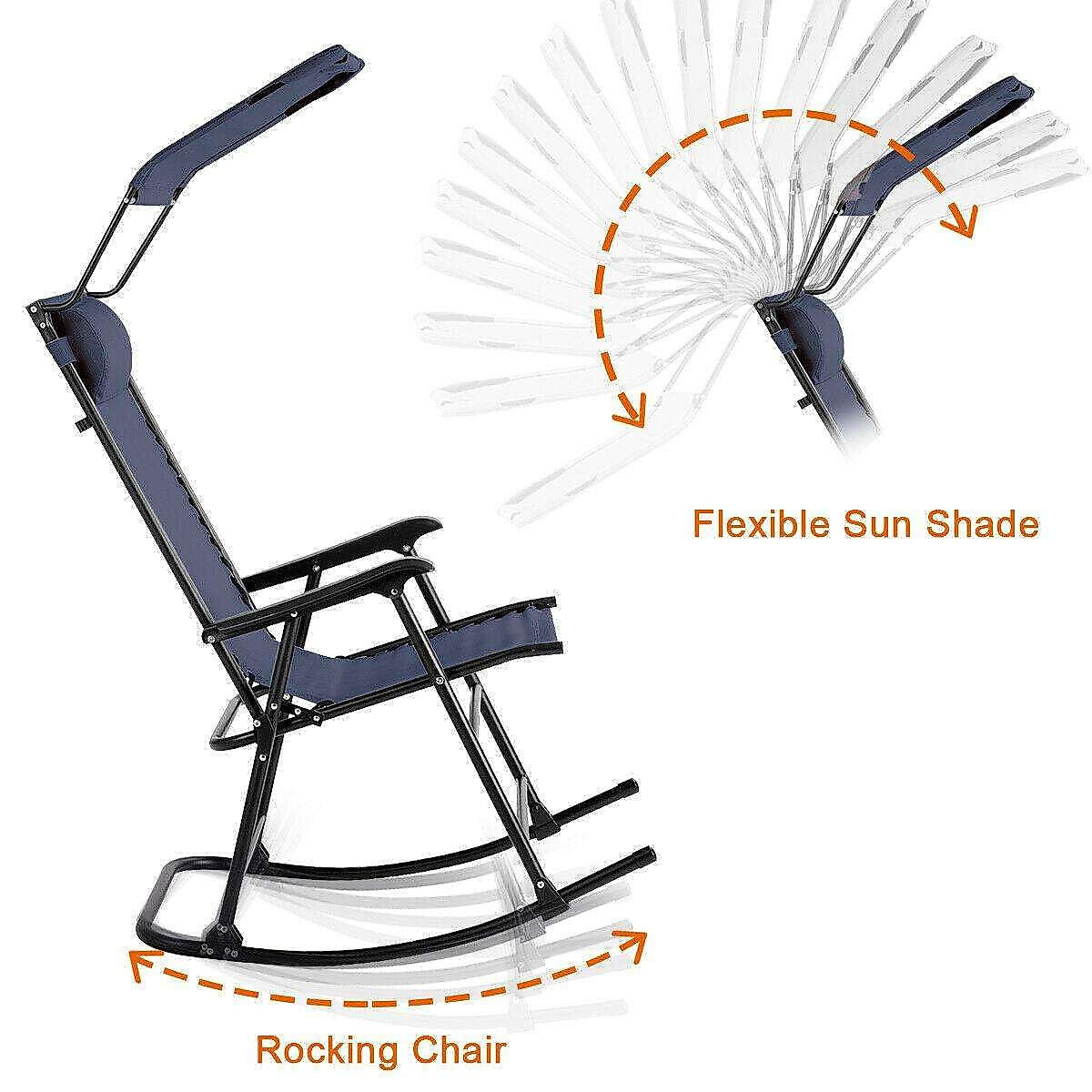 UYSB Folding Rocking Chair Rocker Porch Patio Furniture W/Canopy Blue Chair Rocking Chair Rocker Chair Rocker Camp Chair Rocker Recliner Rocking Camp Chair Rocking Chairs Outdoor Rockin