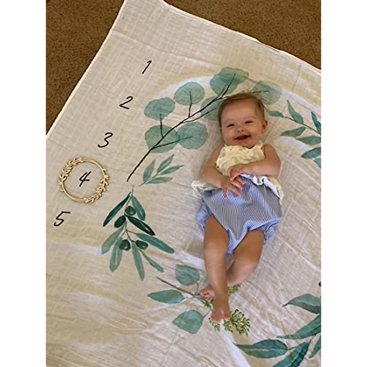 Organic Baby Monthly Milestone Blanket Newborn Boy Girl Unisex Gender Neutral| Green Leaf Wreath Eucalyptus Baby Nursery Month Picture Blanket| Growth Photography Background Prop|Birth Announcement