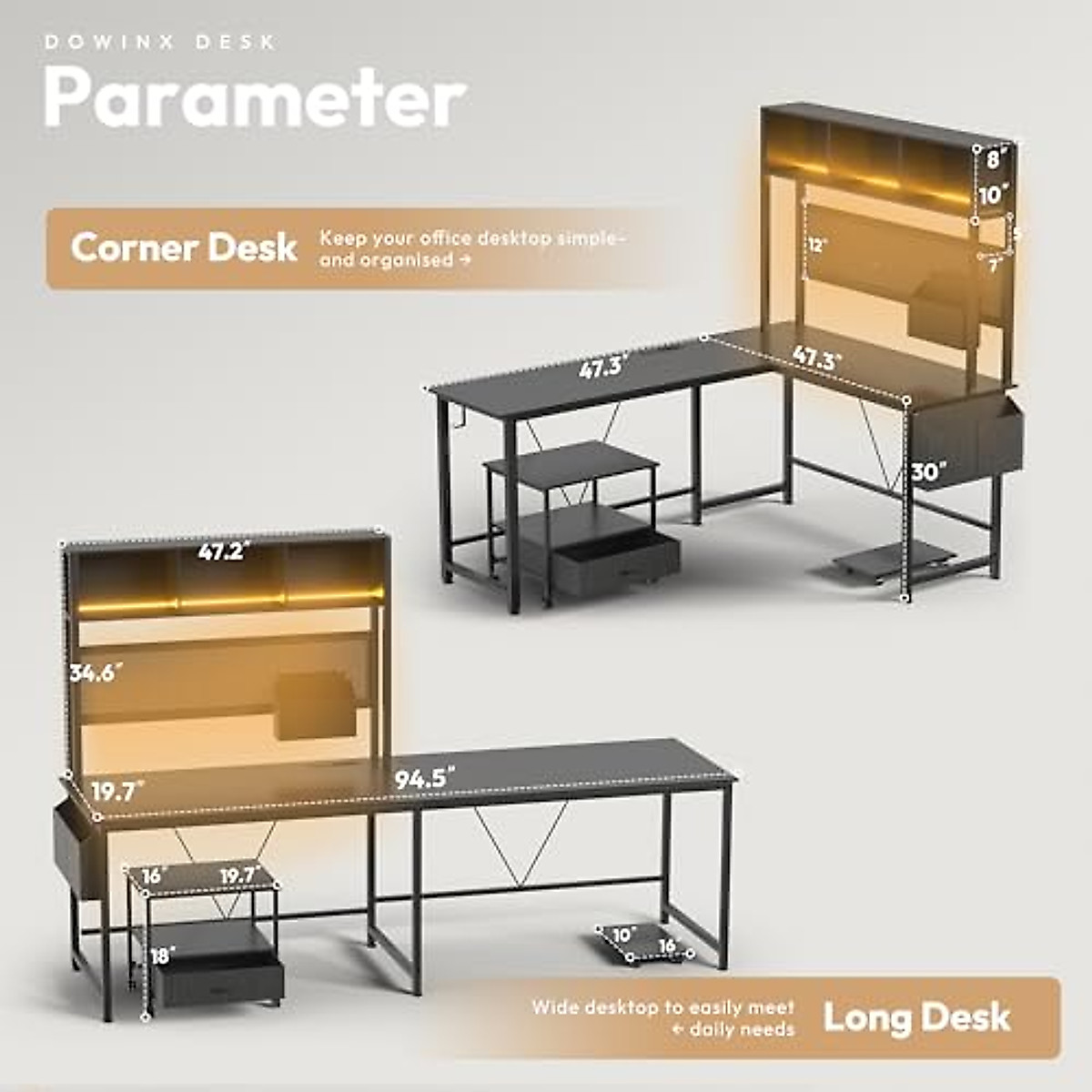 Dowinx L Shaped Desk with Pegboard and Removable Filing Cabinet, Reversible 67” Computer Gaming Desk with Power Outlet and Led, Office Corner Desk with Storage for Home Game, Black