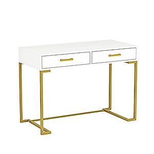 Tribesigns White and Gold Desk with 2 Drawers, White Writing Desk, 40 Inches Computer Desk, Simple and Modern Desk