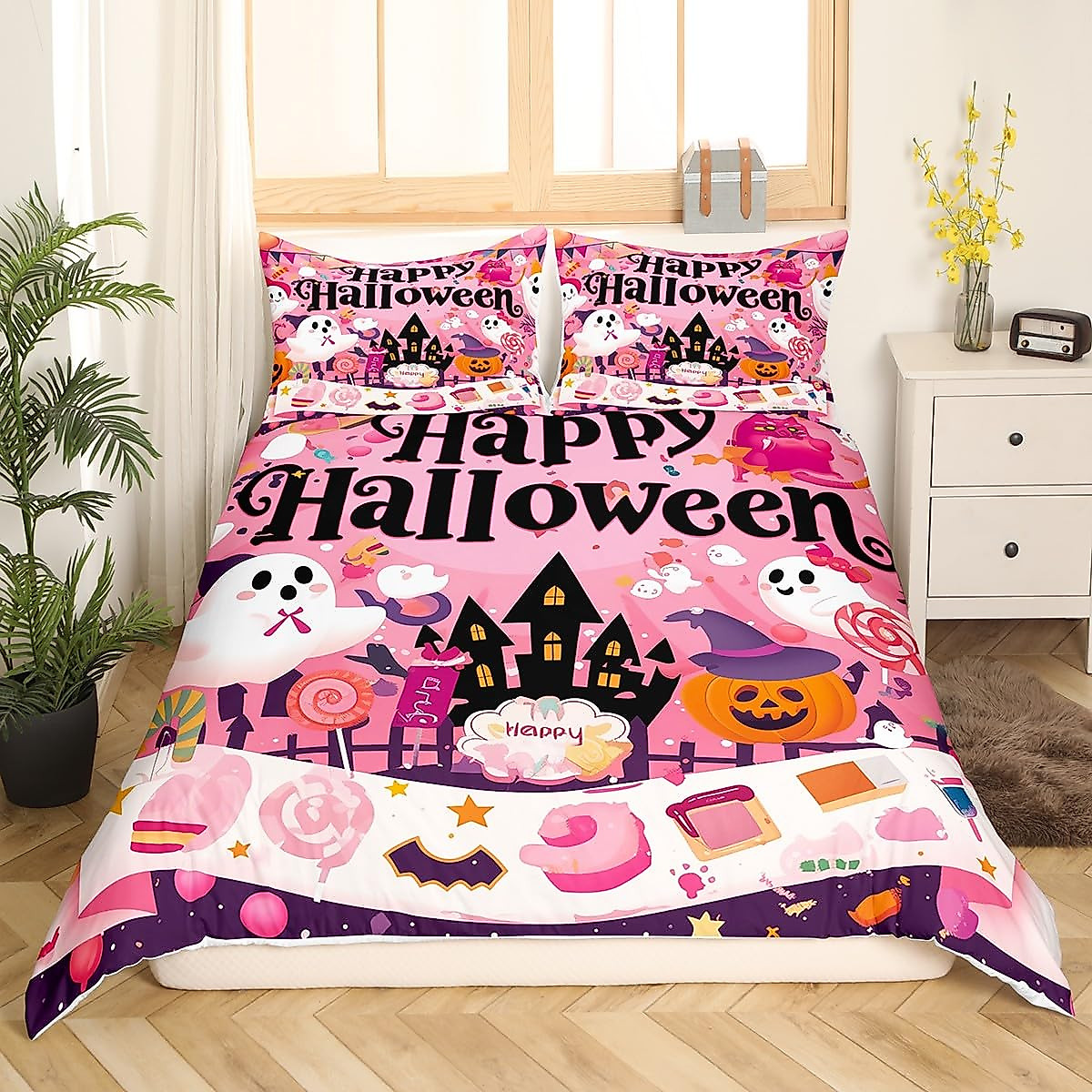 Kawaii Halloween Ghost Duvet Cover Set Full Size,Pink Lovely Cute Ghost Pumpkin Comforter Cover with 2 Pillowcases,Cartoon Dessert Style Happy Holiday Breathable Quilt Cover Set(Not Comforter)