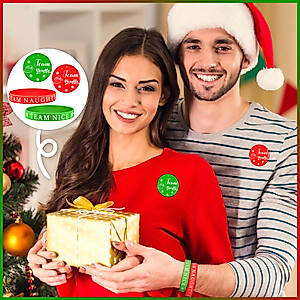 Hiboom 48 Pcs Christmas Team Naughty or Nice Party Favors Set Includes 24 Christmas Silicone Wristbands Rubber Bracelets 24 Button Pins for DIY Christmas Birthday Party Supplies