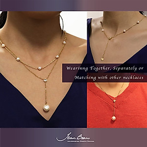 Jean Beau 2PCS Gold Pearl Drop Cubic Zirconia Y Necklace for Women and Tiny Dainty Pearls Station Strand Gold Layering Statement Choker