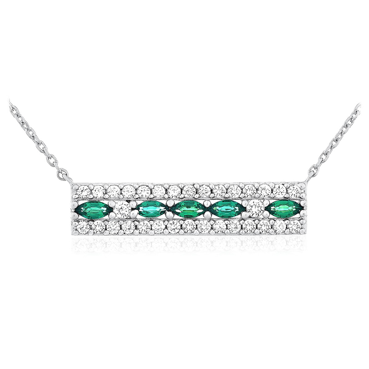 .925 Sterling Silver Marquise Cut Green Lab Grown Emerald and Lab Grown White Sapphire Three Row Horizontal Bar Necklace - 18"