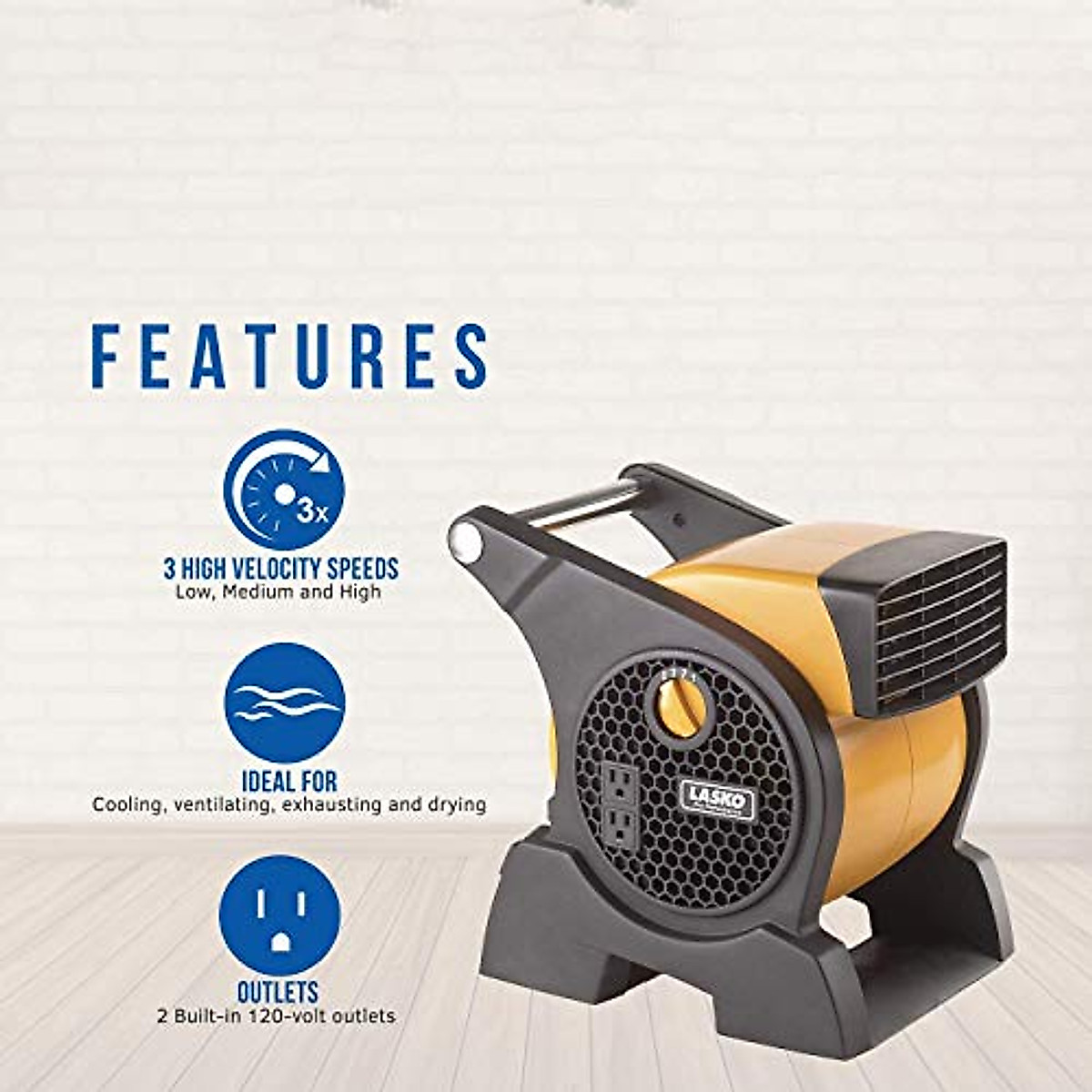 Lasko Pro-Performance High Velocity Utility Fan-Features Pivoting Blower and Built-in Outlets, 1, Yellow 4900