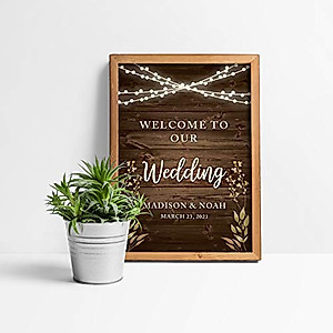 Andaz Press Personalized Extra Large Wedding Easel Board Party Sign, 12x18-inch, Rustic Wood with Hanging Ball Lights and Florals, Welcome to Our Wedding Bride Groom Name Date, 1-Pack, Custom