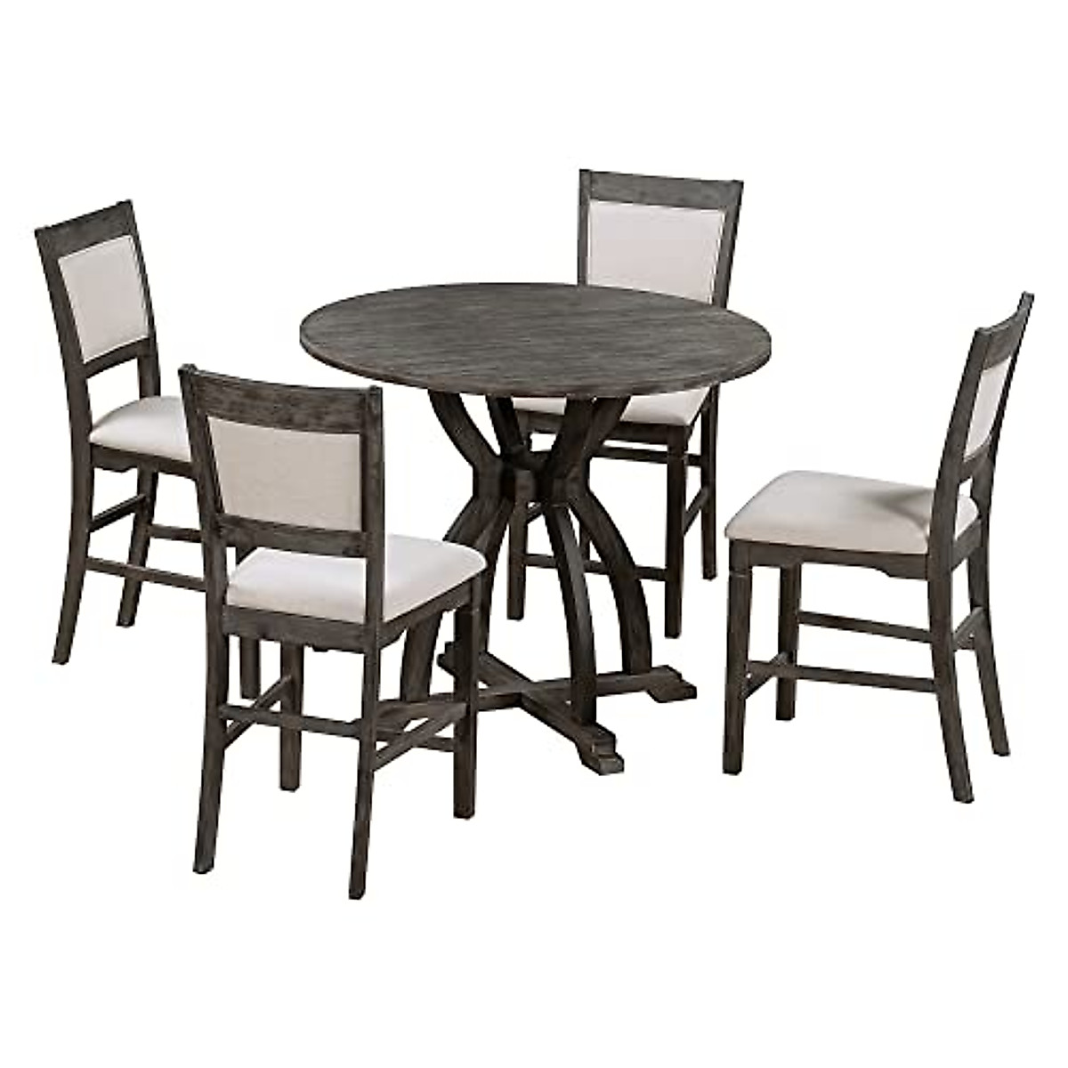 Hlcodca Farmhouse 5-Piece Counter Height Dining Table Set,Round Kitchen Dining Table Set with Trestle Legs and 4 Upholstered Dining Chairs for Small Place (Gray#R^Farmhouse)