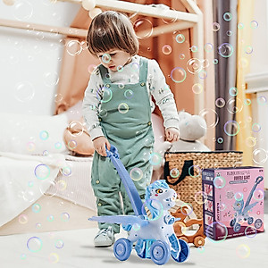 ZAYOR Bubble Machine for Kids,Fun Cute Horse Bubble Mower with Music Lights,Summer Outdoor Push Toy for Beach,Garden,Park,Lawn Game,Preschool Baby Toddler Birthday Toys Gifts for Boys 3-8 Year Old