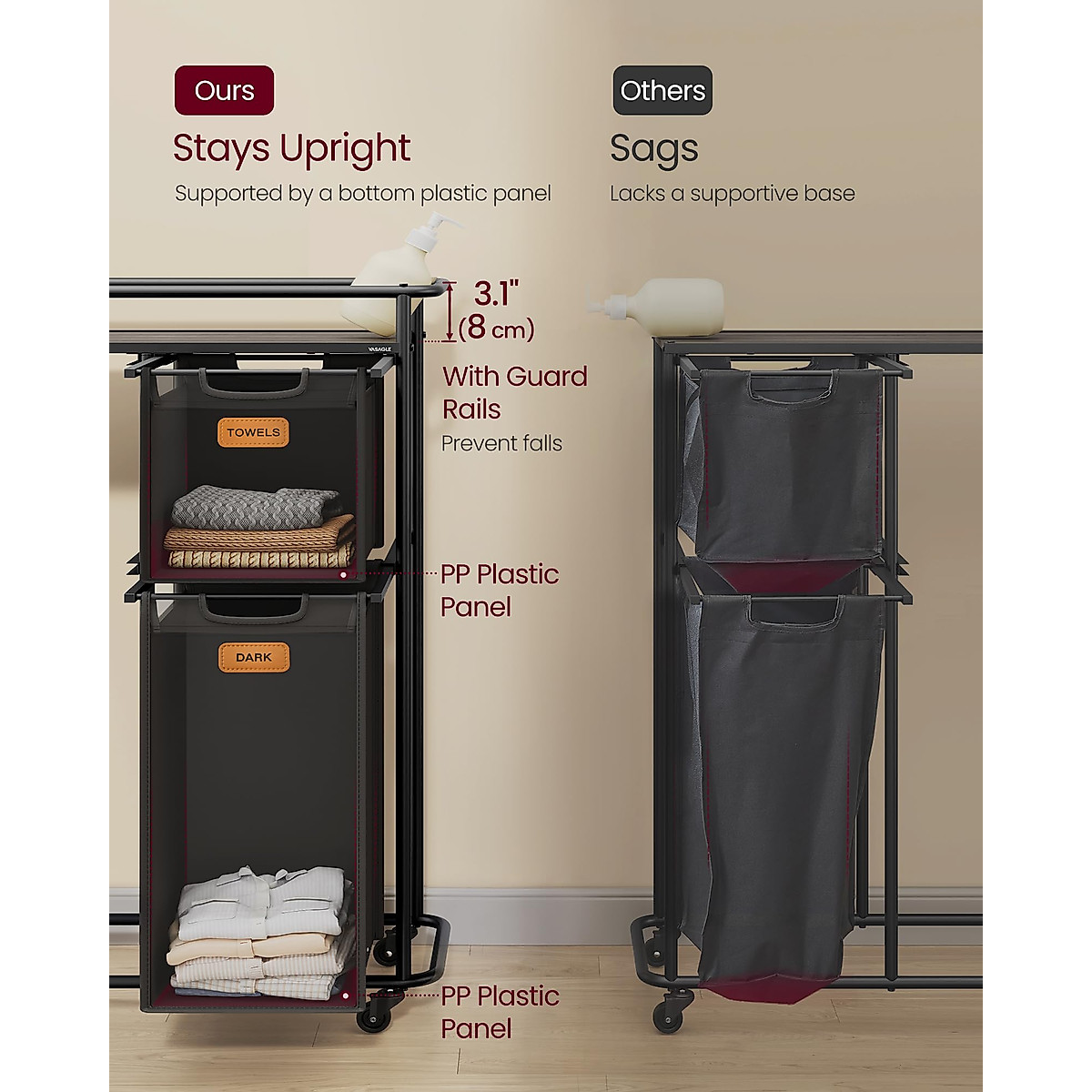 VASAGLE Laundry Sorter, Laundry Basket with Wheels, 39.6 Gal. (150 L) Rolling Laundry Hamper, Portable Laundry Cart with Shelf, 4 Removable Liners and 6 Labels, Ink Black and Chestnut Brown URLS100B01