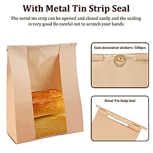 Dualshine 100 Pcs Bread Bags for Homemade Bread Sourdough Bread Bags Paper Kraft with Window Bread Bags 14" x 8.3" x 3.5" with Tin Strip and 500 Pcs Seal Stickers for Cookies Coffee Beans and Bakery