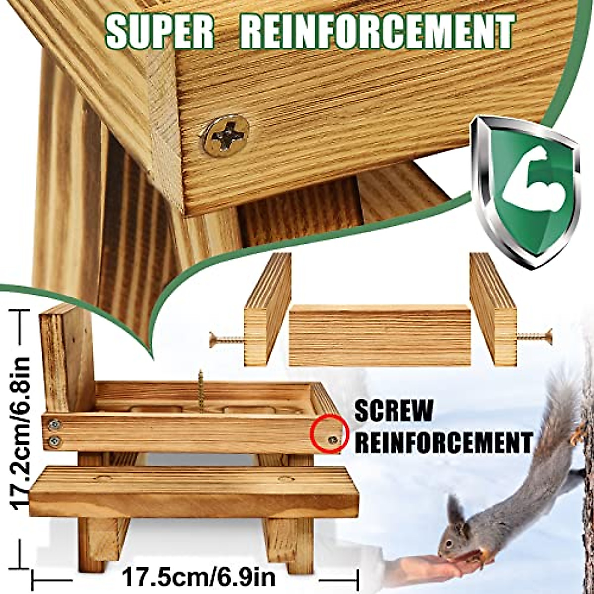 Carbonized Wood Squirrel Feeder, Squirrel Feeders for Outside Durable squrrill Picnic Table with Solid Structure Waterproof Chipmunk Feeder with Corn Cob Holder, Fenced Tabletop for Holding Peanuts