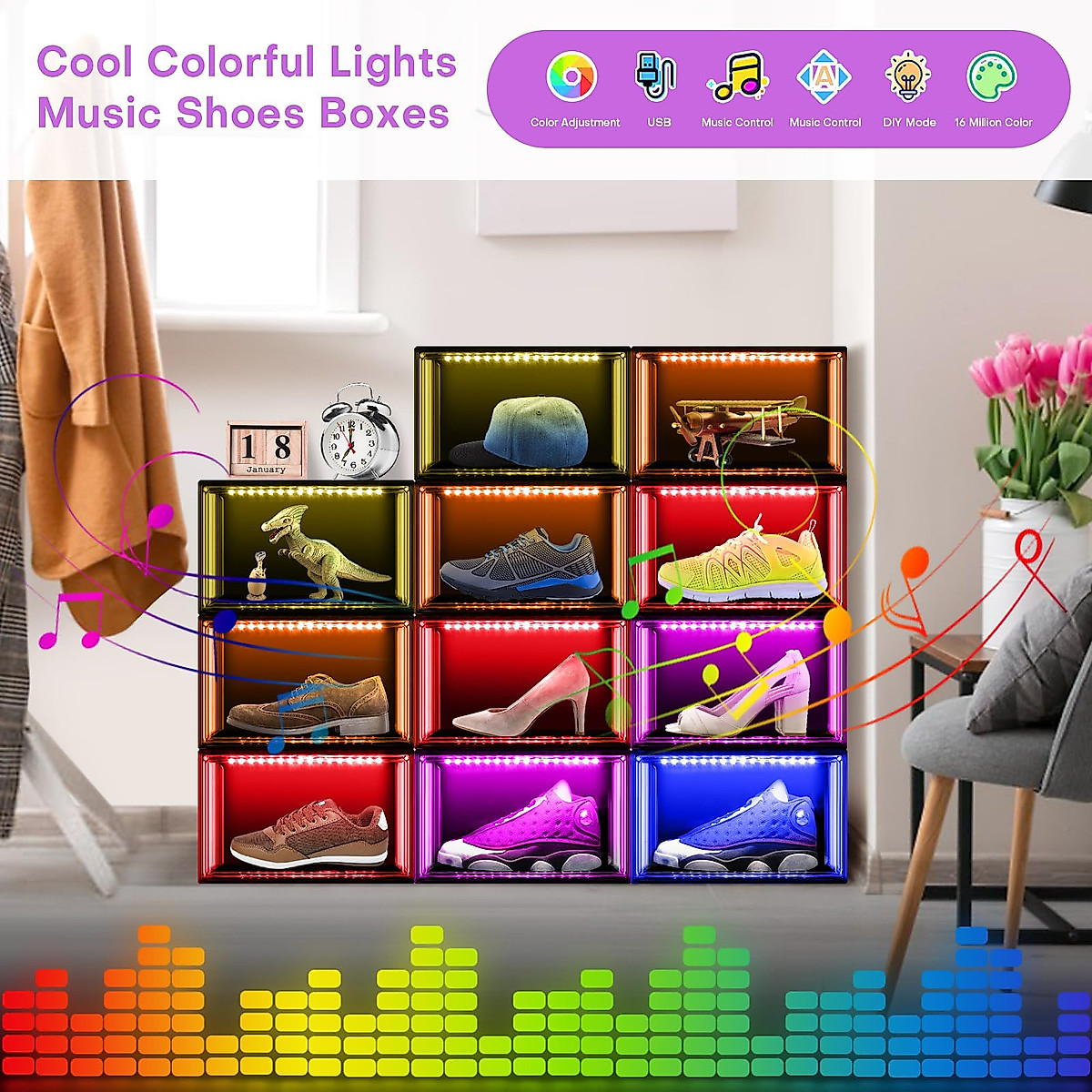 Shoe Storage Organizer for Closet, Foldable Shoe Boxes Rack 2 Pack, Clear Plastic Stackable Containers Bins Holder, Magnetic Sneaker Shelf for Sneakerheads with LED Lights (Black)