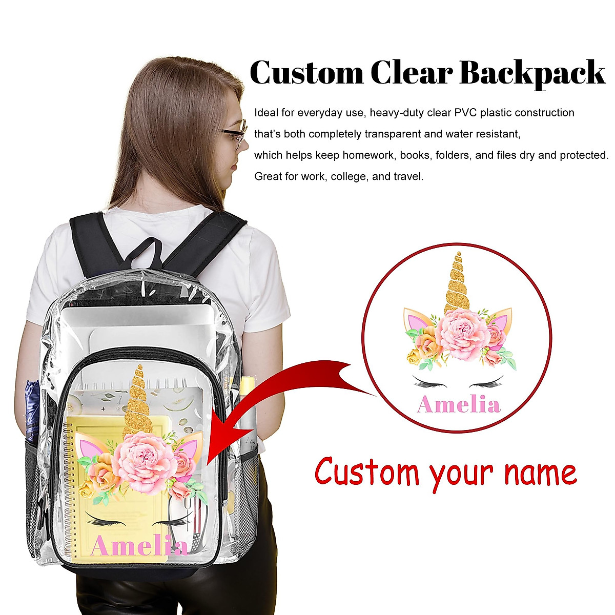 J&SBGFT Personalized Clear Backpack for Girls,Custom Unicorn Clear Backpacks with Name,Transparent Backpack with Reinforced Strap,See Through Book Bag,Waterproof Heavy Clear Book Bag for School