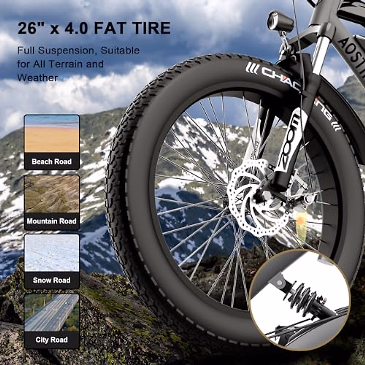 aostirmotor 1000W Peak Full Suspension 4.0" Fat Tire Electric Bikes for Adults All Terrain E-Bike 48V 15AH Removable Battery Electric Mountain Bike 28Mph Electric Beach Bicycles 29+ Miles Long Range