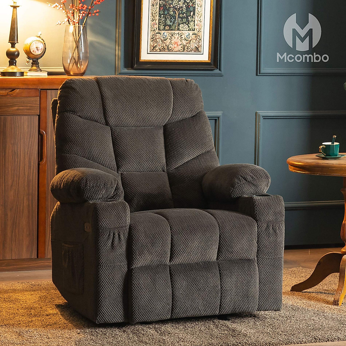 MCombo Manual Glider Rocker Recliner Chair with Cup Holders for Nursery, USB Ports, 2 Side & Front Pockets, Plush Fabric 8002 (Grey Fabric)