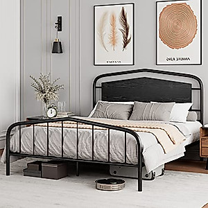 Homhougo Queen Size Bed Frame with Wooden Headboard and Footboard, Heavy Duty Metal Platform Bed Frame with Large Under Bed Storage, Noise Free, No Box Spring Needed, Black