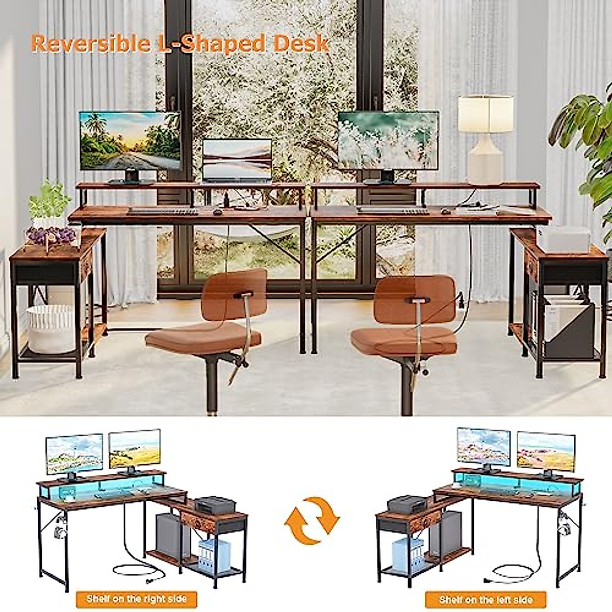 Furologee L Shaped Computer Desk and 5-Tier Bookshelf, Corner Gaming Desk with LED Lights & Power Outlets, Tall Bookcase with 2 Drawers for Living Room, Home Office, Bedroom, Rustic Brown