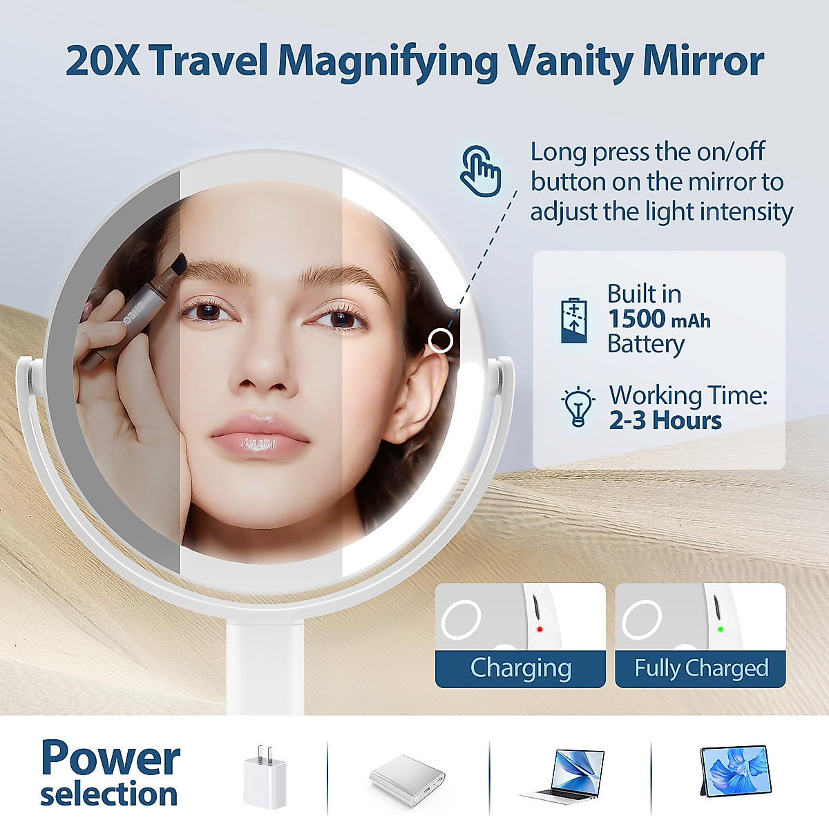 MIYADIVA Rechargeable 20X Magnifying Mirror with Light, Lighted Makeup Mirror with 20X/1X Magnification, 3 Colors Light and Adjustable Brightness, Double Sided Vanity Mirror with Light for Bedroom