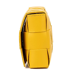 Olivia Miller Women's Fashion Ainsly Yellow Mustard Woven Faux PU Leather w Front Flap, Small Cassette Crossbody Bag w Adjustable Shoulder Strap, Casual Trendy Purse Handbag