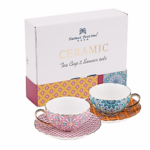 Taimei Teatime Porcelain Tea Cups and Saucers Set of 2, 6 oz Bohemia Style Coffee Cup with Saucer with Gold Trim in Gift Box, Coffee Mug for Latte, Cappuccino and Tea, Gift for Women