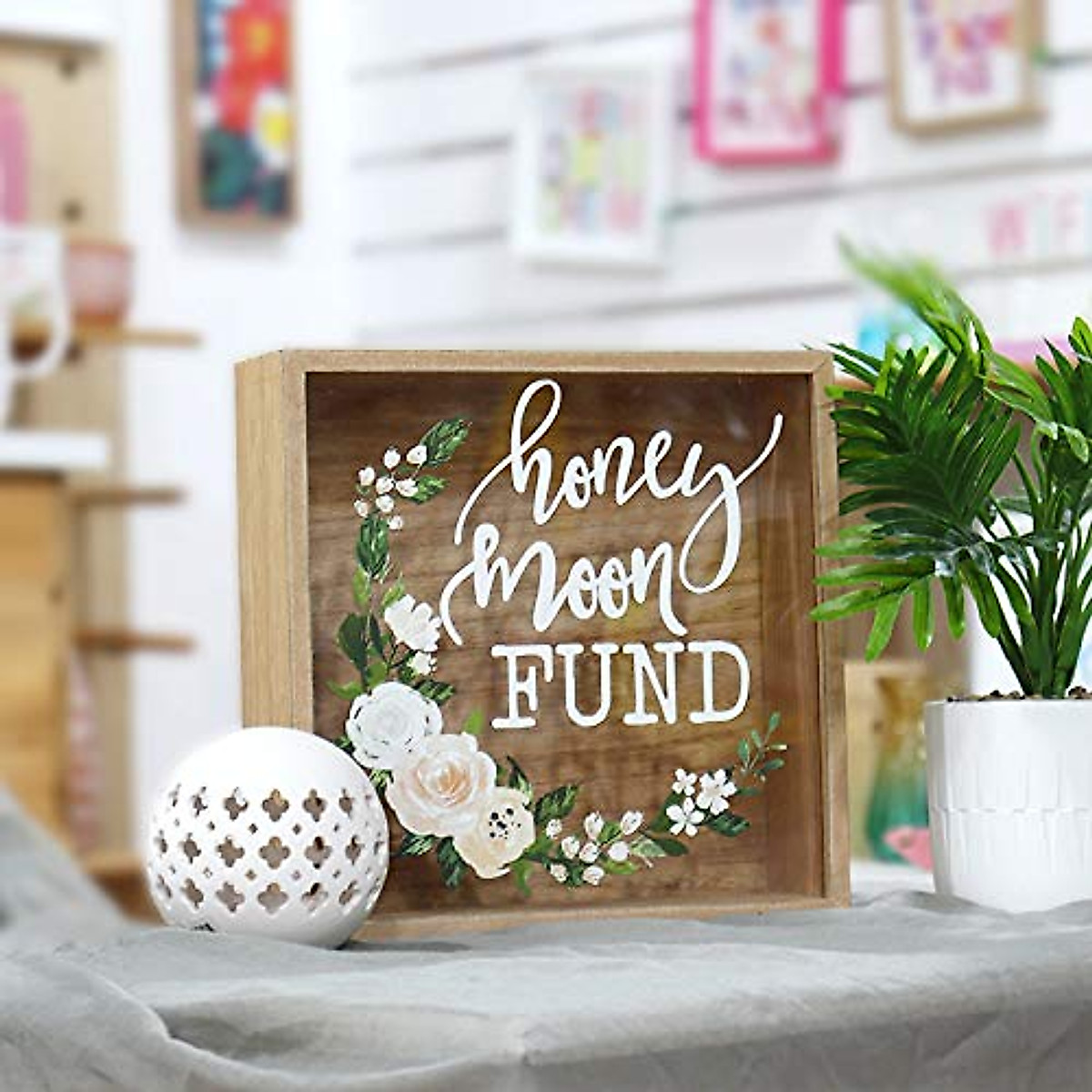 Hanna Roberts Honey Moon Fund and Card Rustic Wood Box with Mixed Floral Garland Design for Weddings, Birthdays, Graduations, Baby and Bridal Showers, 9.5" x 3" x 9.5", Honey Moon Fund