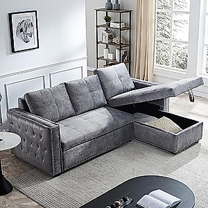 Morden Fort Sleeper Sectional Sofa [Large Size] Reversible Storage L-Shape Chaise 3 Seat Sectional Couch with Put Out Bed Velvet Gray