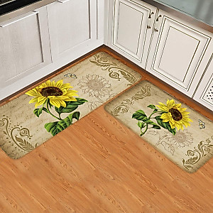 LooPoP Kitchen Rugs and Mats Non Skid Washable Sets Sunflower Anti Fatigue 2 Piece Set Non Skid Waterproof Standing Rugs Spring Flowers Farmhouse