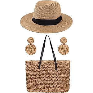 Coume Straw Large Beach Bag for Women's Woven Beach Bag and Beach Hats Set Beach Earring Handmade Shoulder Bag Handbag Bohemia Set(Khaki)