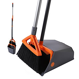 CLEANHOME Commercial Broom and Dustpan Set with Long Handle, Outdoor Heavy Duty Broom and Dustpan for Rubbish Leaves Dog Pooper Scooper, Widely used in Courtyards, Garden, Gym,Hotels, Restaurants,Grey