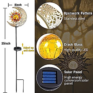 Klmnduo Garden Solar Lights Pathway Outdoor Decorative, Sun & Moon Cracked Glass Globe Metal Lights Solar Powered Waterproof Decorative Stakes for Lawn,Patio or Courtyard