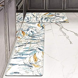 Kitchen Rug Set, LEEVAN Kitchen Floor Mats 2 Piece PVC Leather Anti Fatigue Comfort Heavy Duty Waterproof Oil Proof Non-Skid Rubber Back Washable Doormat Bathroom Area Rug(17" X 29"+17" X 59", Leaves)