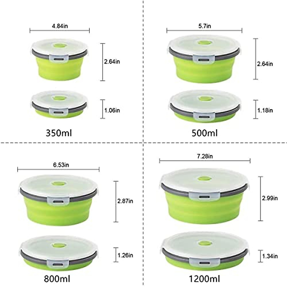 Collapsible Bowls For Camping, Set of 4 Silicone Food Storage Containers with Lids, Rv storage and organization, Rv Kitchen Accessories, BPA Free, Microwavable, Freezer, Dishwasher Safe Green