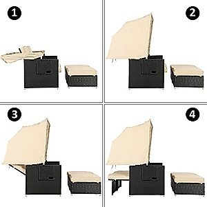 LEISU Outdoor Patio Furniture Sunbed with Retractable Canopy, PE Wicker Rattan Rectangle Sectional Sofa Set Clamshell Sectional Seating with Washable Cushions for Lawn Garden Backyard Poolside (Khaki)