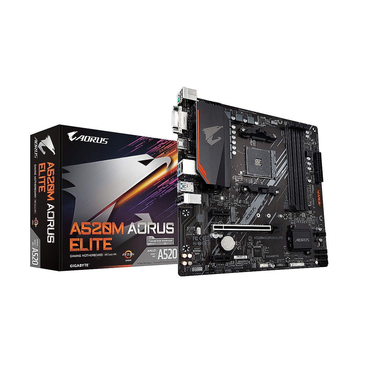 Gigabyte A520M AORUS Elite (AMD Ryzen AM4/MicroATX/5+3 Phases Digital PWM/Gaming GbE LAN/NVMe PCIe 3.0 x4 M.2/2 Display Interfaces/Q-Flash Plus/RGB Fusion 2.0/Motherboard)