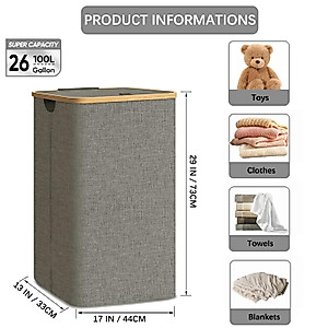 Ulbemoll Laundry Hamper with Lid, 26 Gal(100L) Grey Laundry Basket With Bamboo Handles Slim Foldable, Removable Mesh Liner Large Wash Baskets Laundry Bin Dirty Clothes Basket for Bedroom, Bathroom