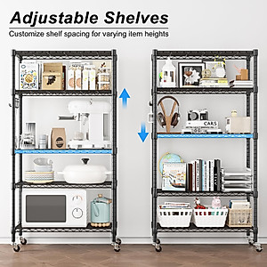 Homdox 5 Tier Metal Storage Shelves with Wheels, Heavy Duty Wire Shelving Unit, Adjustable Storage Racks with Side Hooks for Bathroom Kitchen Garage Pantry Organization, Black