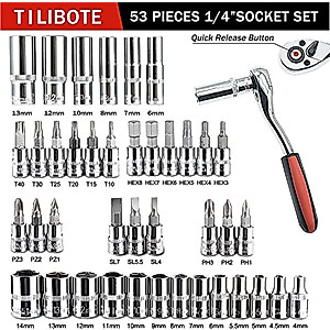TILIBOTE Socket Wrench Set, 53PCS 1/4 Inch Ratcheting Wrench Set And Extension Bar Gimbal Slide Bar Extension Sockets, Set For Automotive Repair And Home Use.