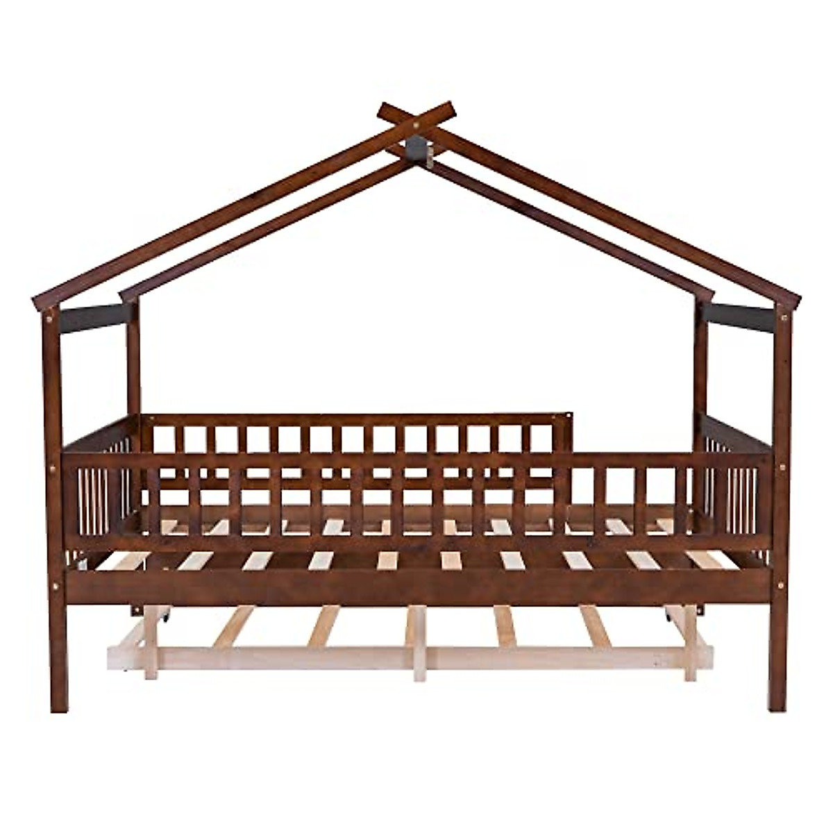 DHHU Daybed with Trundle, Full Size Wooden House Bed with Twin Size Trundle Bed, Wood Bed Frame with Roof and Safety Guardrail for Kids, Teens, Boys or Girls, No Box Spring Required