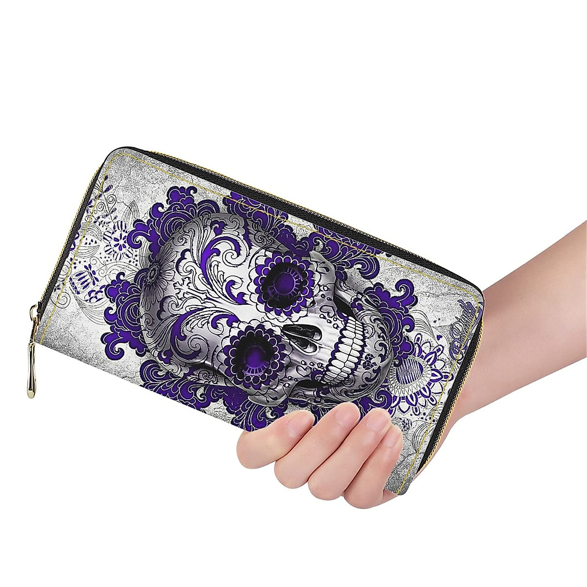 AFPANQZ Gothic Sugar Skulls Women's Wallets Large Capacity with RFID Protection Leather Long Clutch Phone Holder Zip Inner Pocket Multi-Cards Slots Large Travel Wallet Bifold Purses Silver Purple